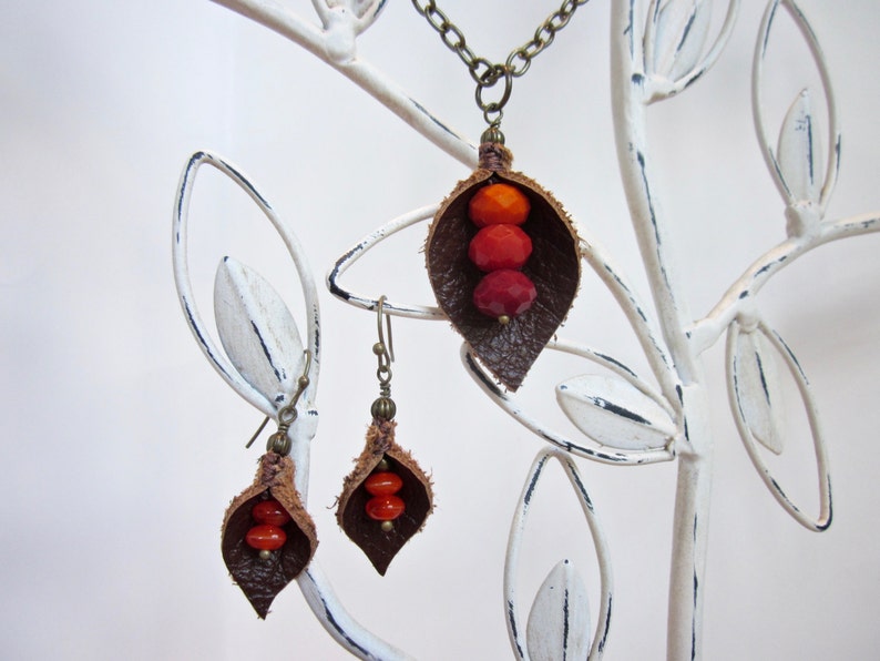 Chestnut Leather & Flame Colored Bead Flower Earrings, Leather Leaf ...