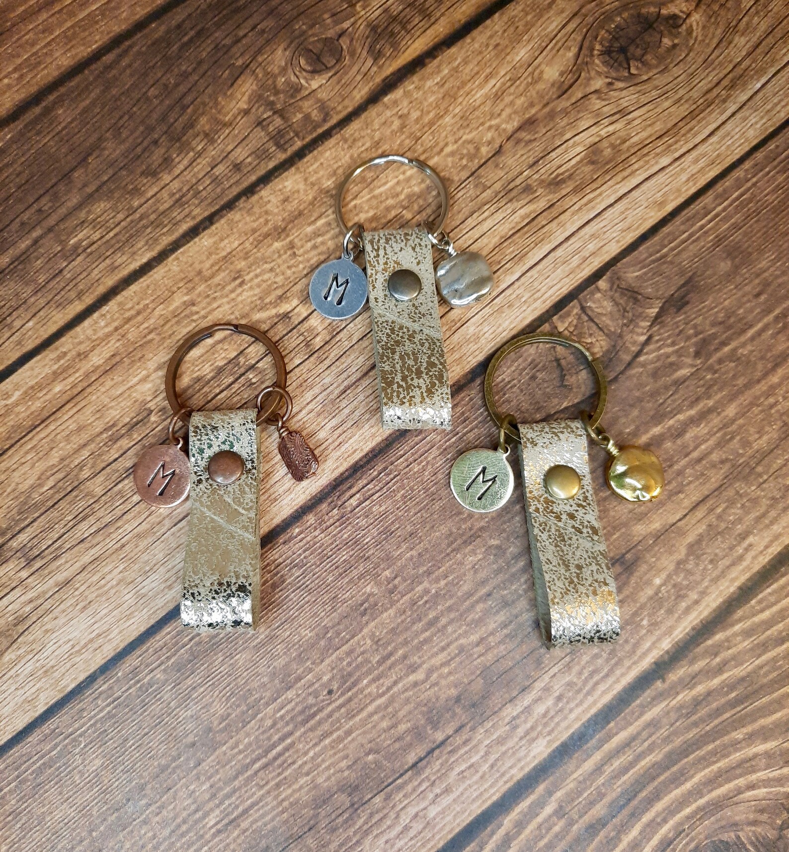 Metallic Leather Initial Keychain, Personalized Monogram Charm Keyring ...