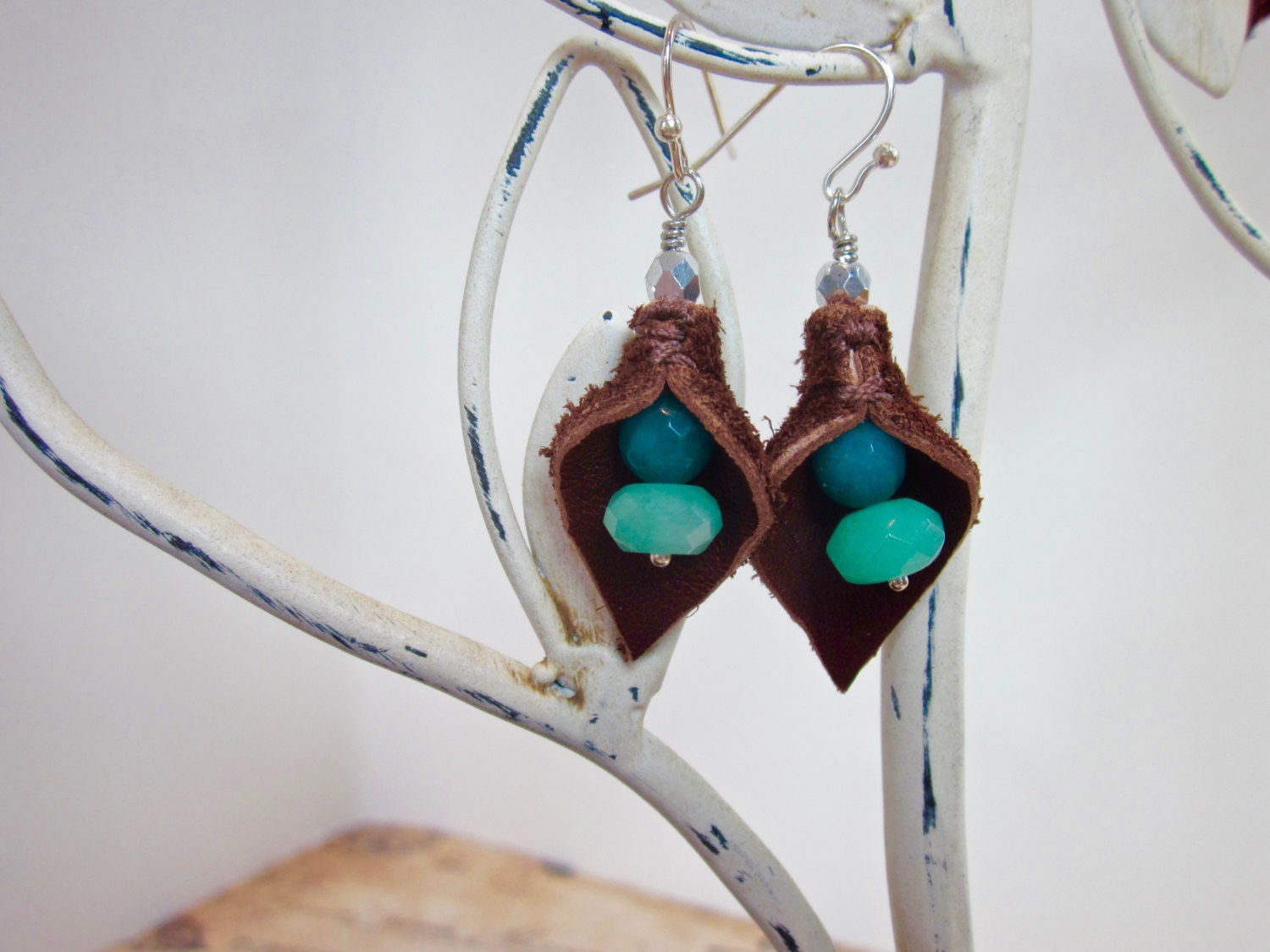 Brown Leather & Teal Mountain Jade Flower Earrings, Leather Leaf, Calla ...