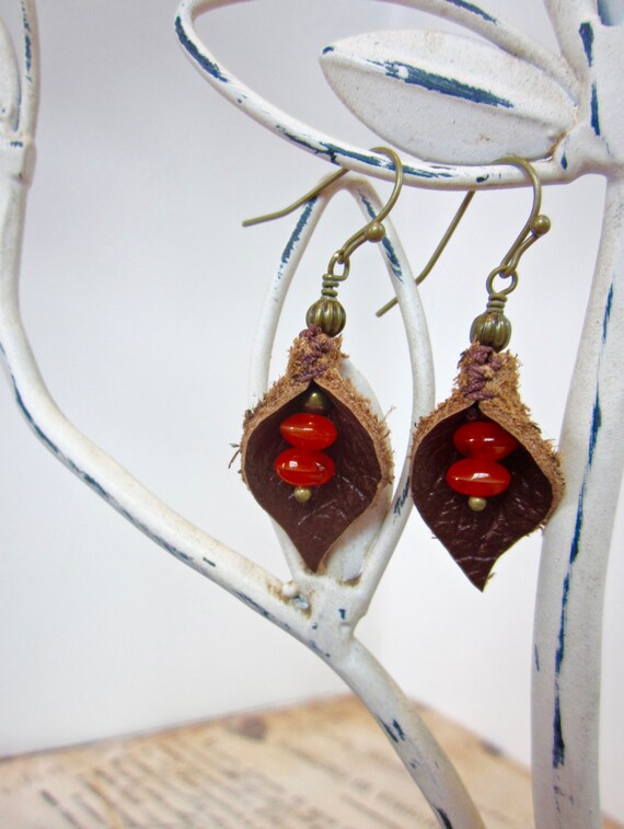 Chestnut Leather & Flame Colored Bead Flower Earrings Folded - Etsy
