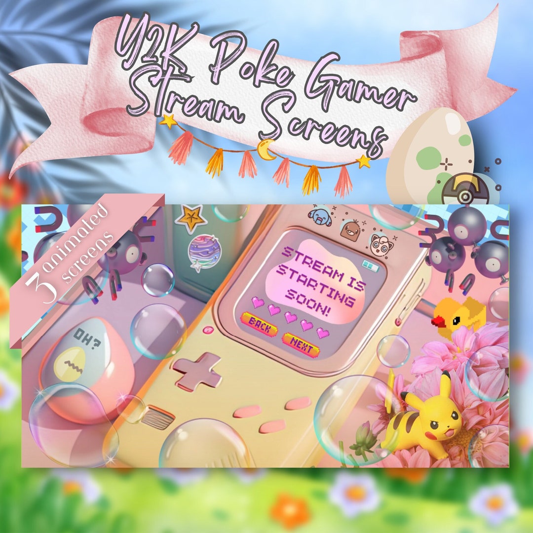 3 Y2K 8-bit Poke-mon Animated Twitch Screens (stream Starting Soon, Be Right Back, Stream Ending ...