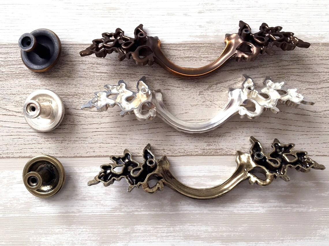 3 Leafy Drawer Pull Handle Leaf Cabinet Knob Antique Silver - Etsy