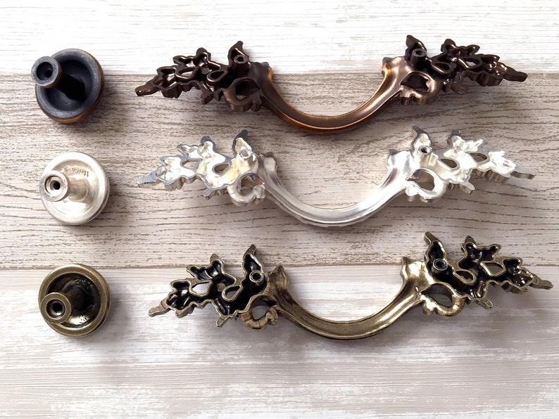 3 Leafy Drawer Pull Handle Leaf Cabinet Knob Antique Silver - Etsy