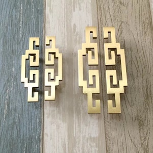 2" 2.75" Brushed Brass Greek Key Drawer Pulls Oriental Kitchen Handles ...