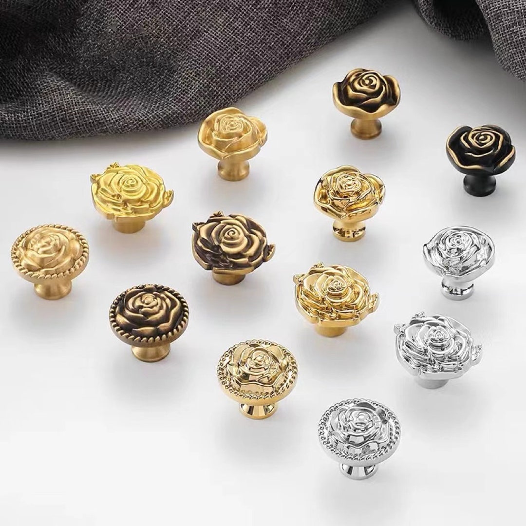 Elegant Floral Solid Brass Cabinet Knobs Rose Bloom Dresser Drawer Pulls Romantic Handles Gold ...