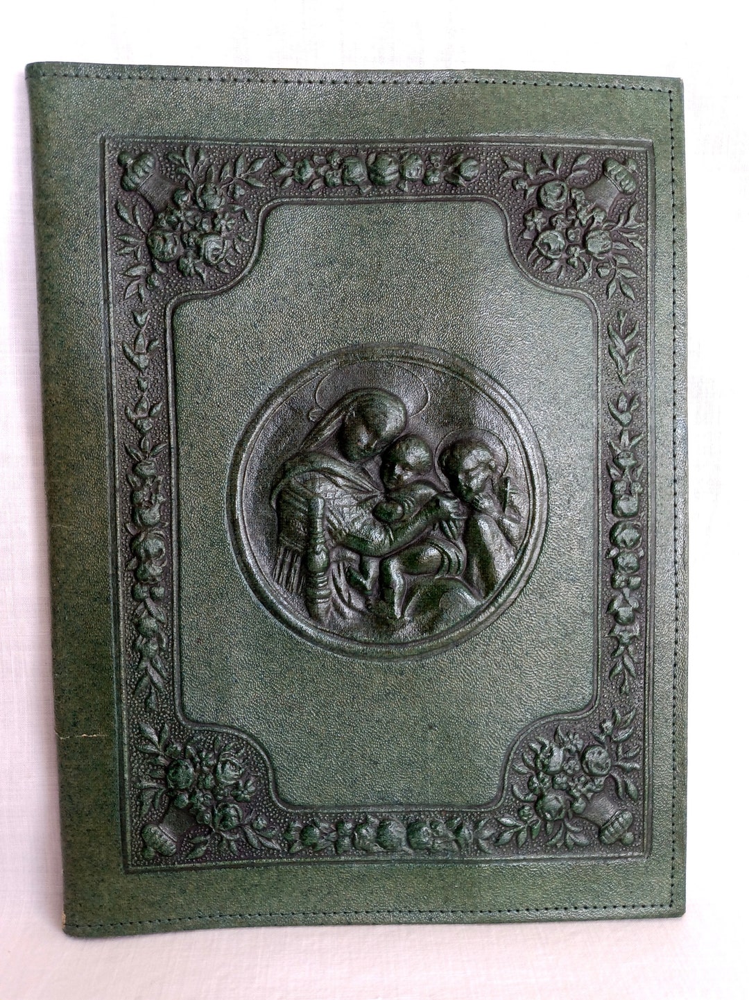 Vintage Rare Hand Tooled Embossed Leather Book Bible Cover Dark Green ...