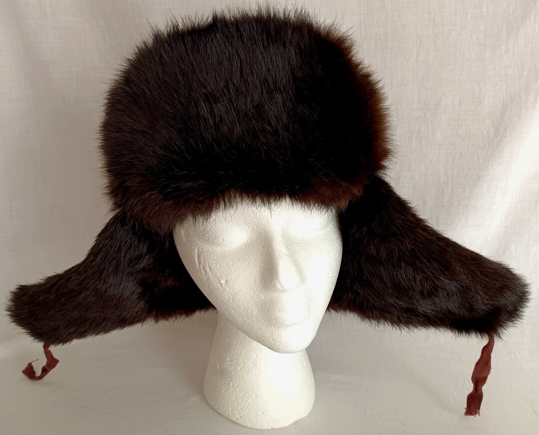 Vintage Dark Brown Genuine Rabbit Fur Hat Ushanka Russian Trapper ...