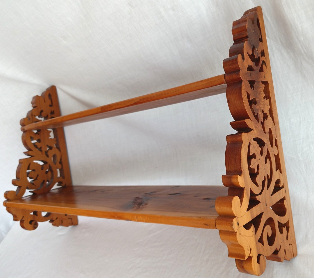 Vintage Cedar Shelf Two Tier Fretwork Scrolled Sides Decorative Carved ...
