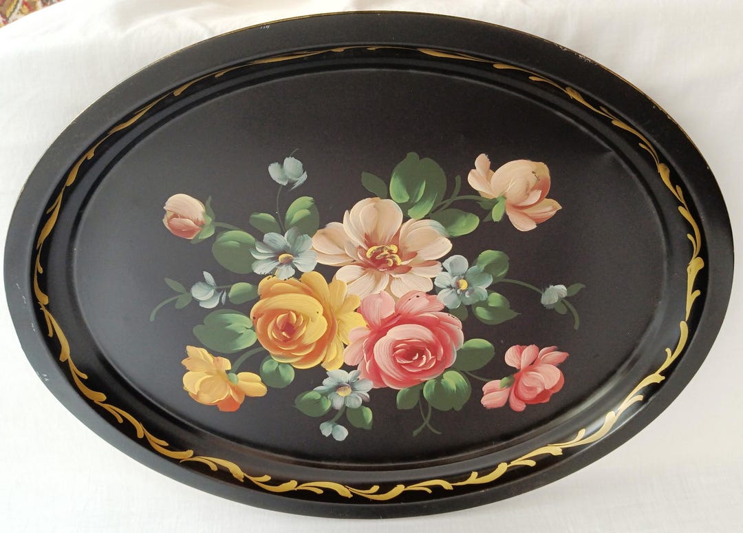Victorian Style Hand Painted Metal Large Serving Tray Oval Black ...