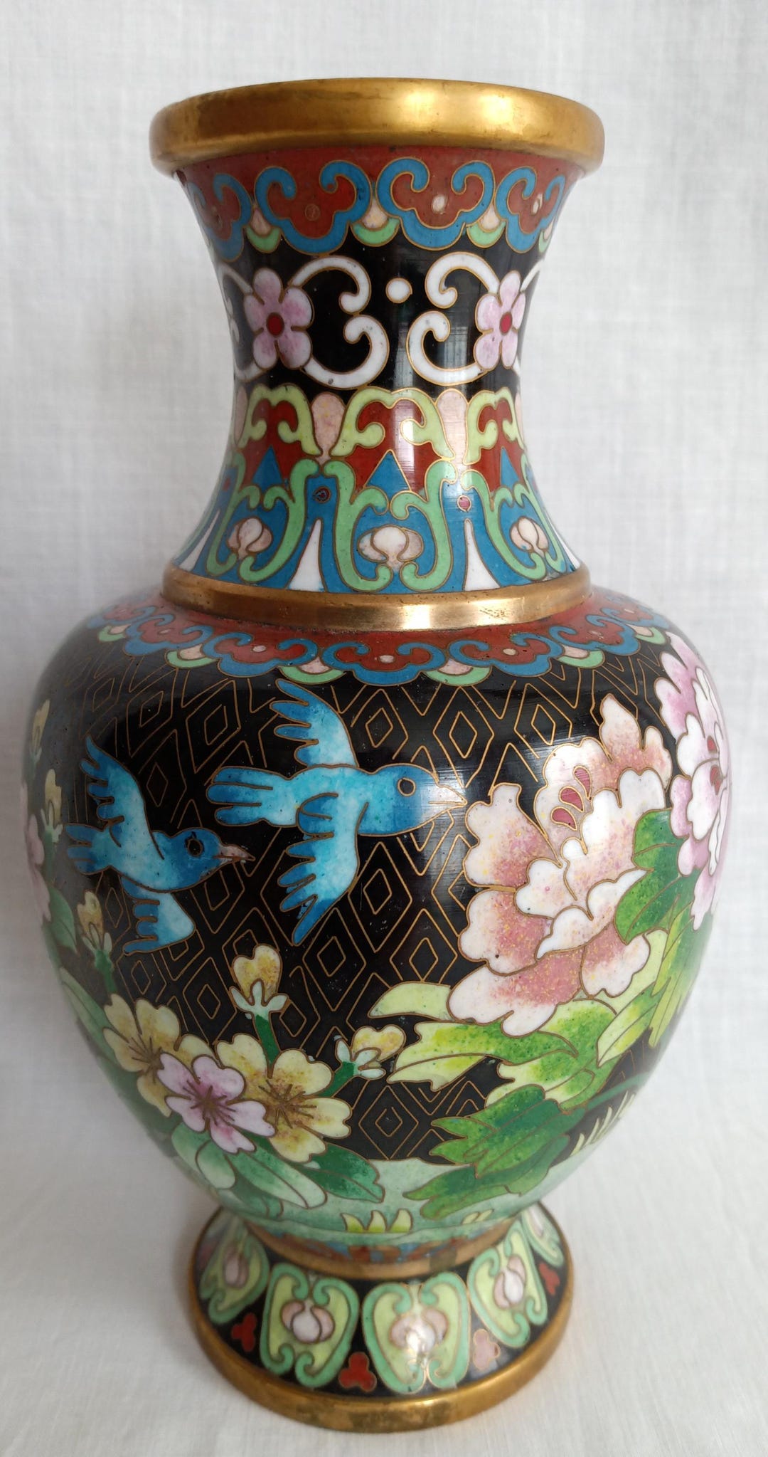Vintage JINGFA Chinese Cloisonné Vase Colorful Enamel on Brass Blue ...