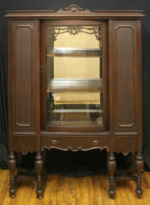 Antique Vintage Victorian Walnut Wood Wooden Old Bowed Wavy Glass China Hutch Storage Cabinet Server Buffet Breakfront Mirror Back Etsy