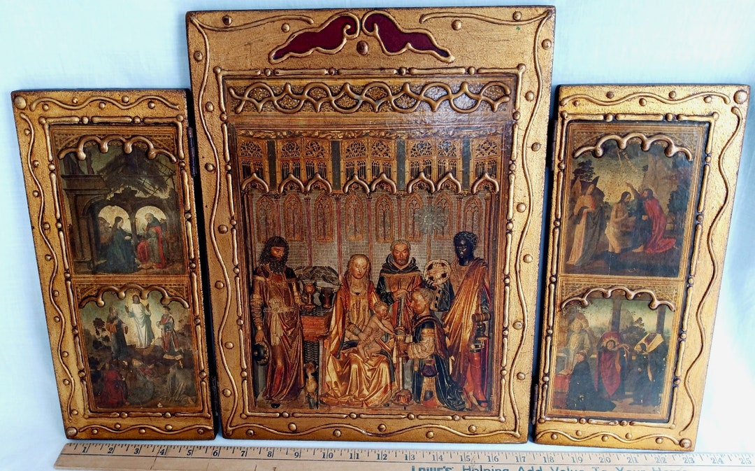 Antique Florentine Italian Rare Large Triptych W/ Prints Ornate Gilt on Wood Wall Art ...
