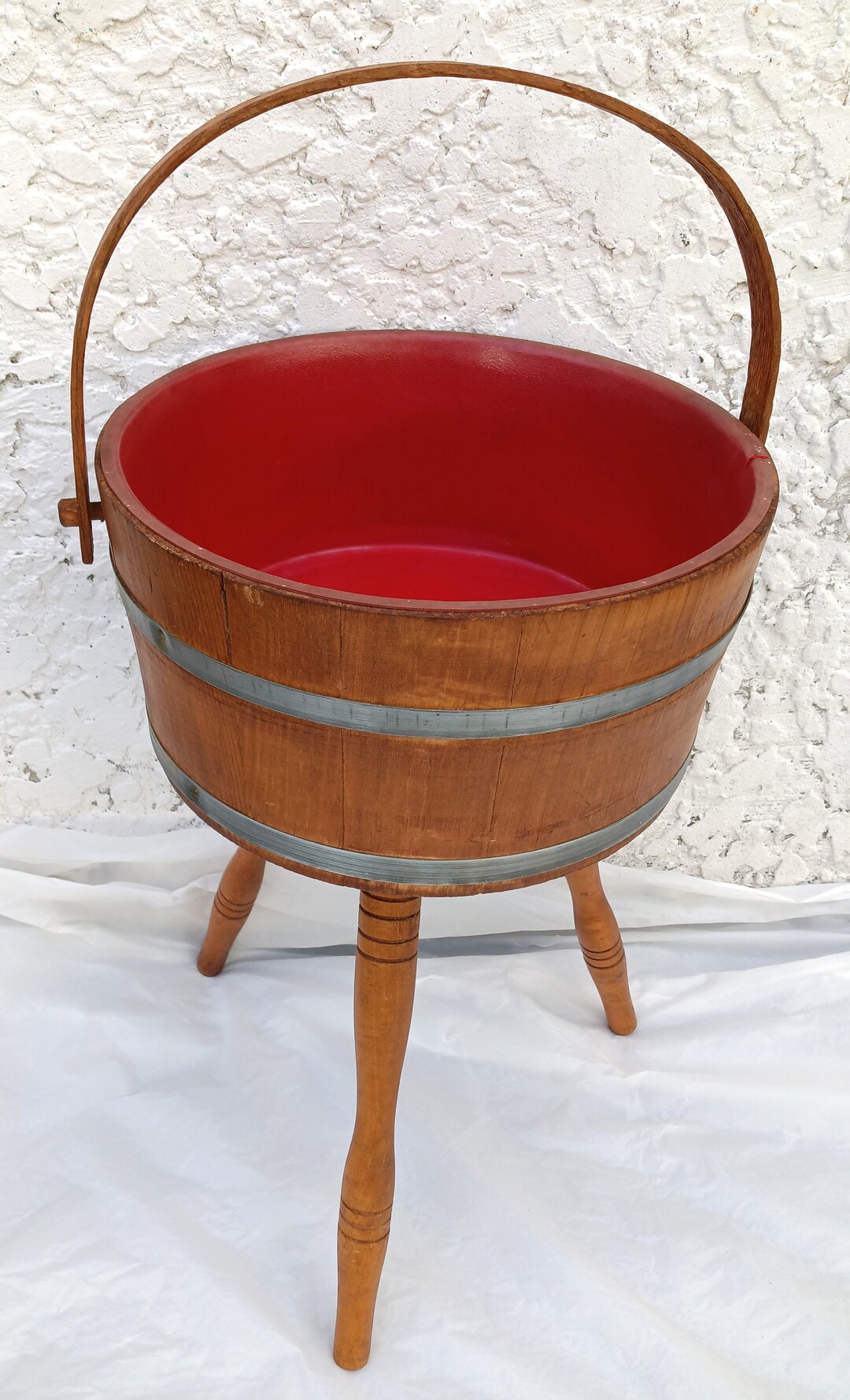 Mid Century Colonial Style Floor Standing Wooden Bucket Tripod & Red ...