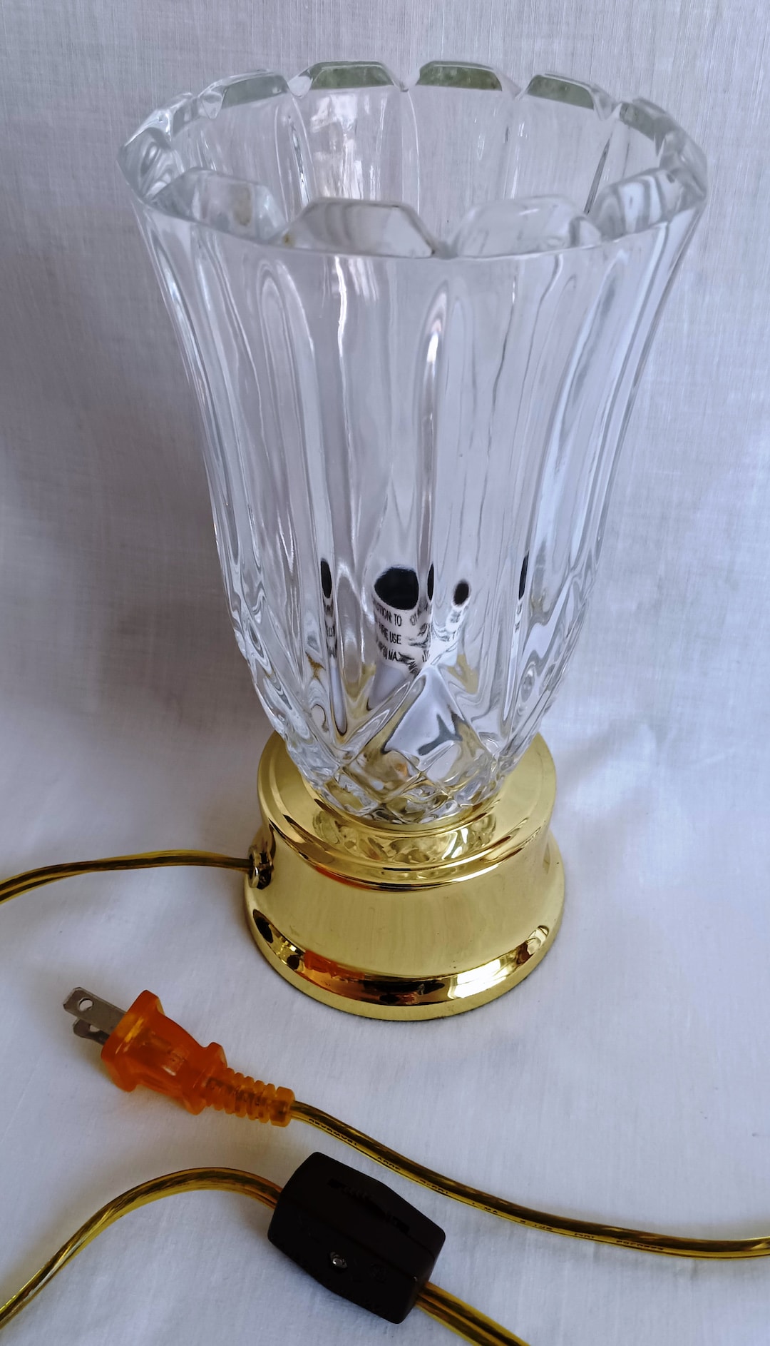 Vintage Pressed Crystal Glass Torchiere Small Table Lamp Brass Base in ...