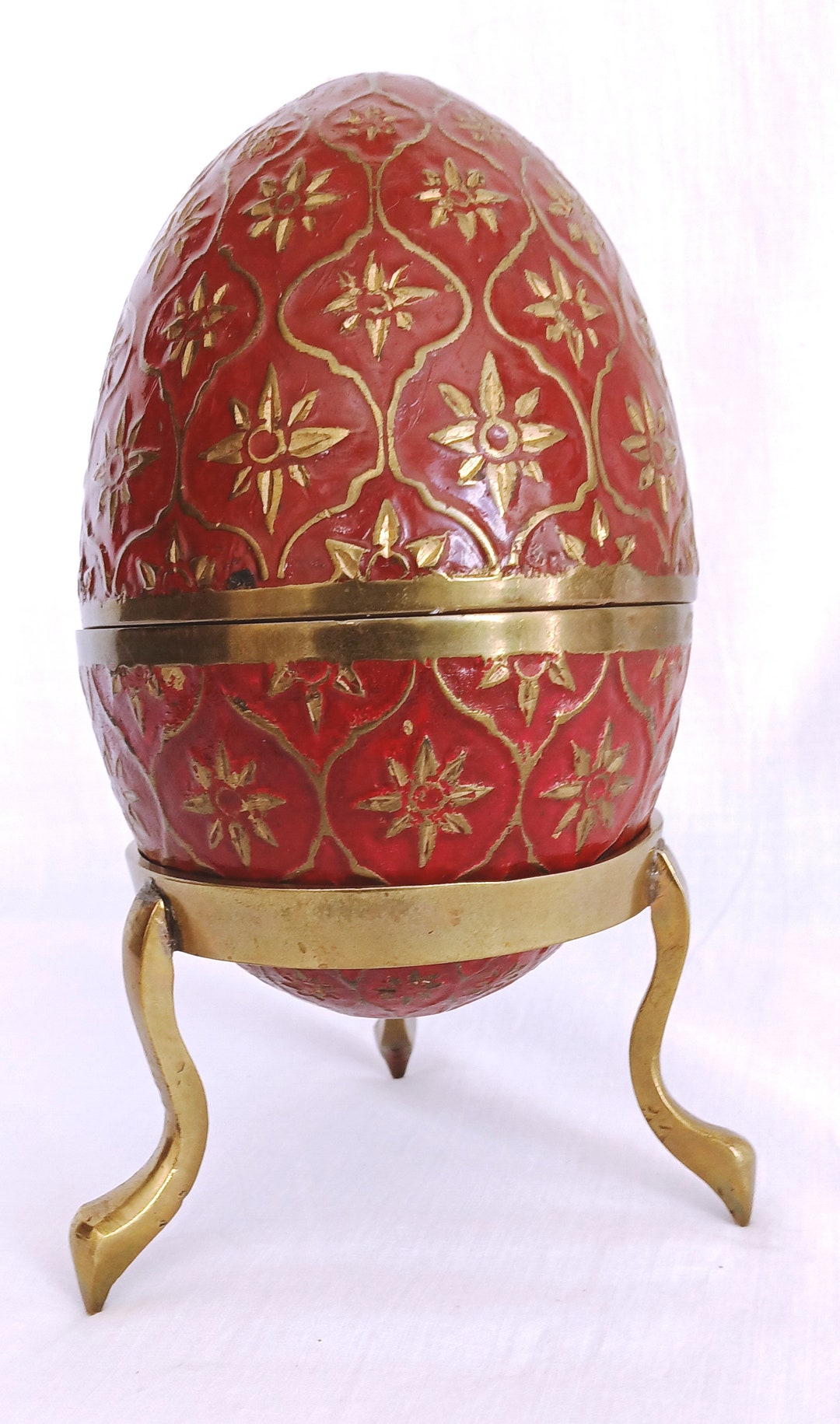 Vintage Cloisonné Large Egg Shaped Red Enamel Brass Floral Design Egg ...