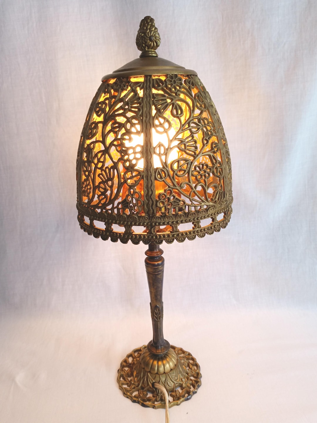 Vintage Mid Century Brass Cast Metal Lamp Ornate Pierced Filigree ...