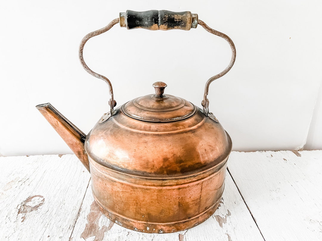 Vintage Antique Large Copper Tea Kettle Tea Pot Teapot With Wooden ...