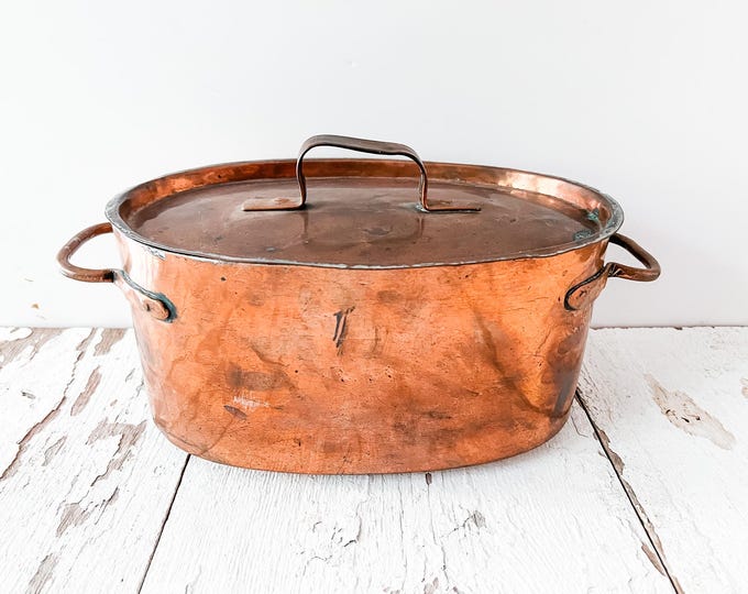 Antique Hand-hammered Oval Copper Stock Pot With Lid and Iron Handles ...