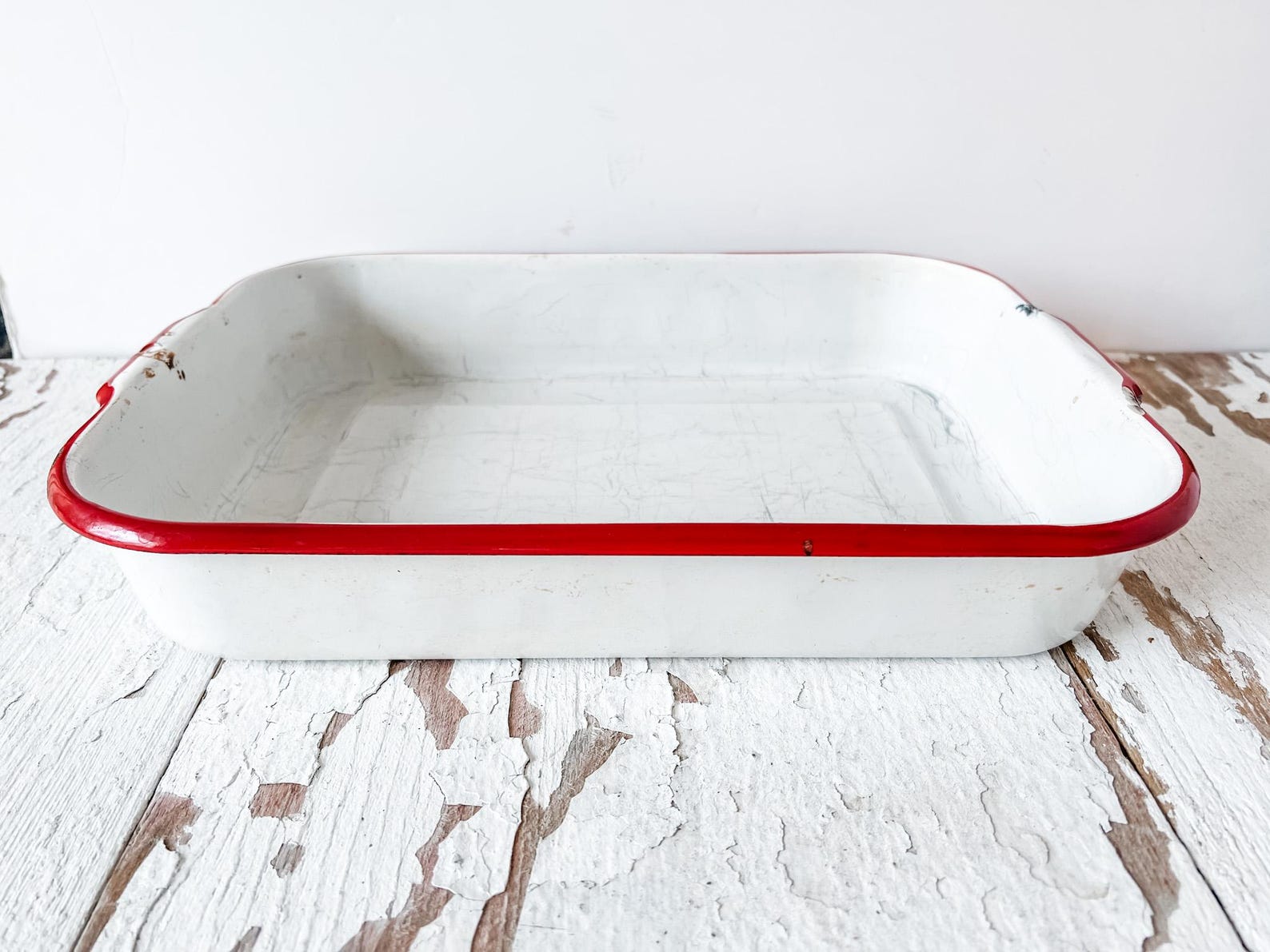 Vintage Enamelware Baking Dish | White With Red Trim | Farmhouse ...