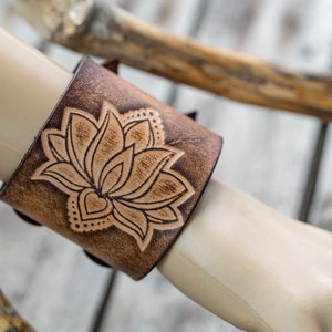 Leather Cuff Bracelet With Lotus Design | Handmade Leather Wrist Cuff ...