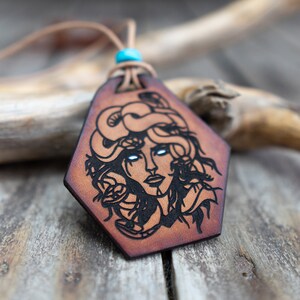 Medusa Leather Necklace/ Statement Leather Pendant With Engraving - Etsy