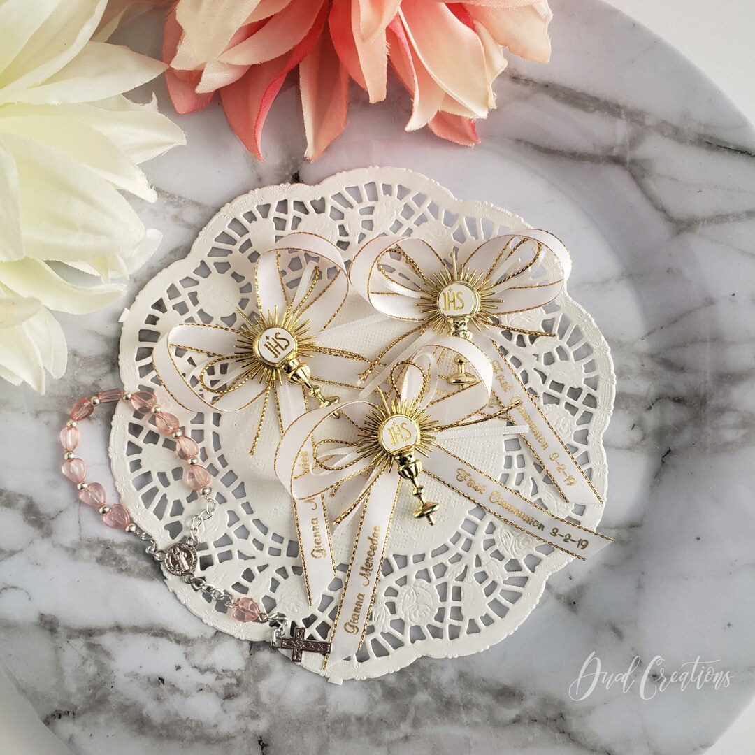 12 Personalized First Communion Favor Ribbons: Gold Trim Satin - Etsy