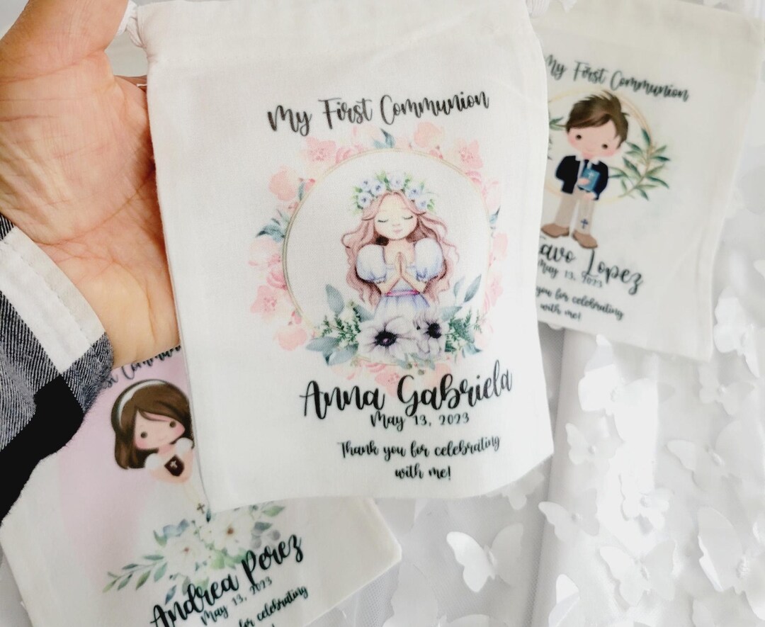 Set of 12 First Communion Party Favor Bag, Personalized White Muslin ...