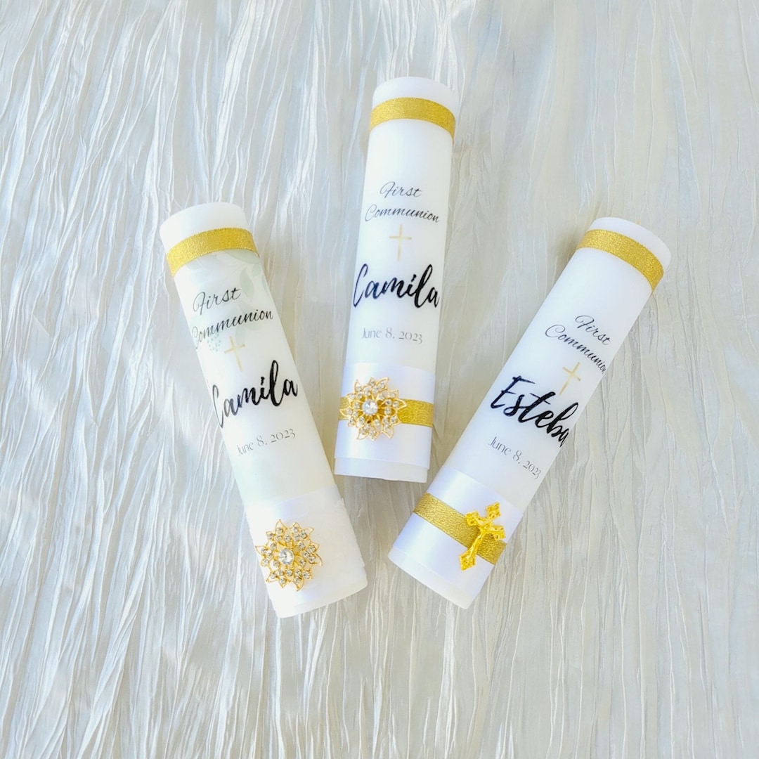Personalized First Communion Candle: Gold Accents, Religious Gift - Etsy