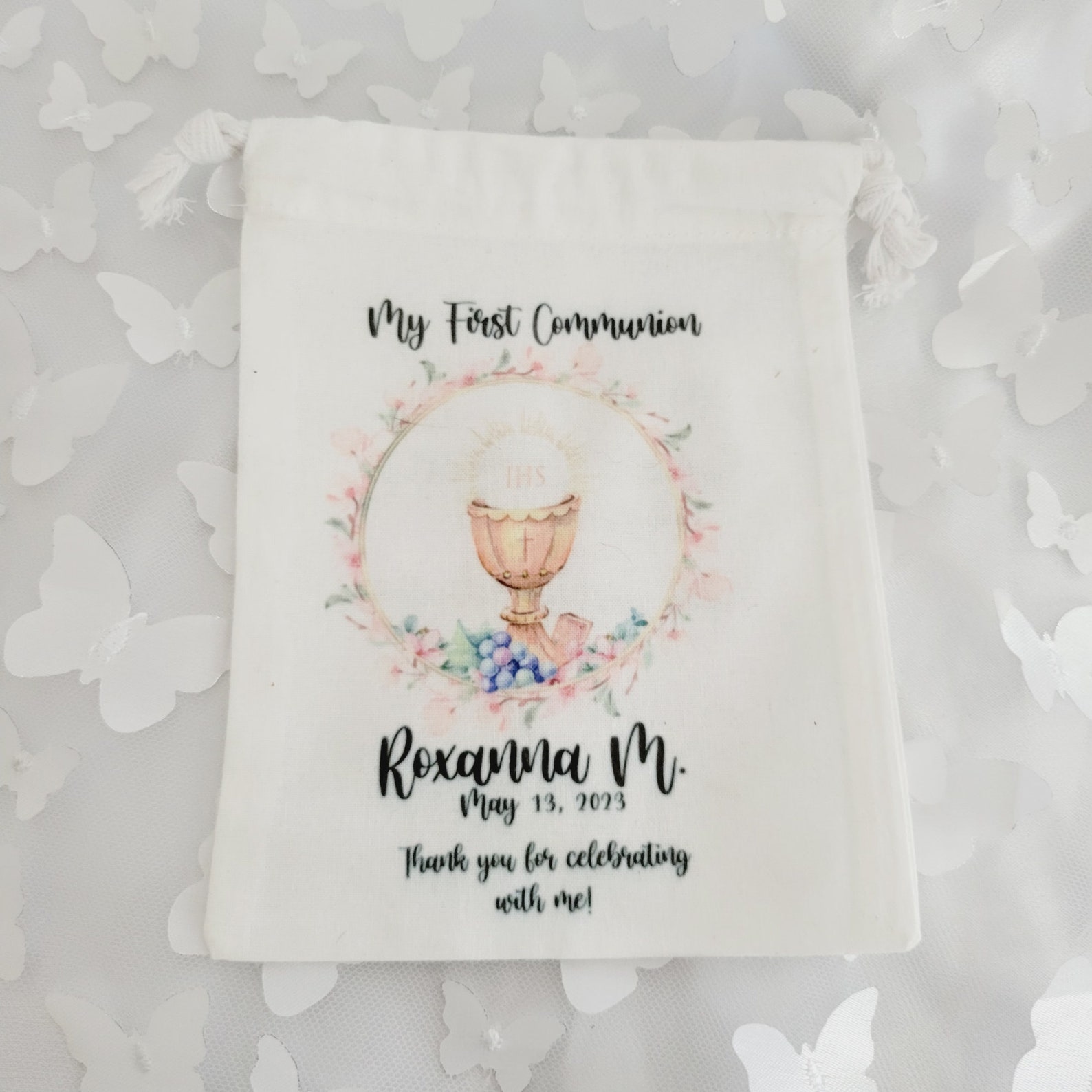 Personalized First Communion Favor Bags: White Muslin Pouch, Set of 12 ...