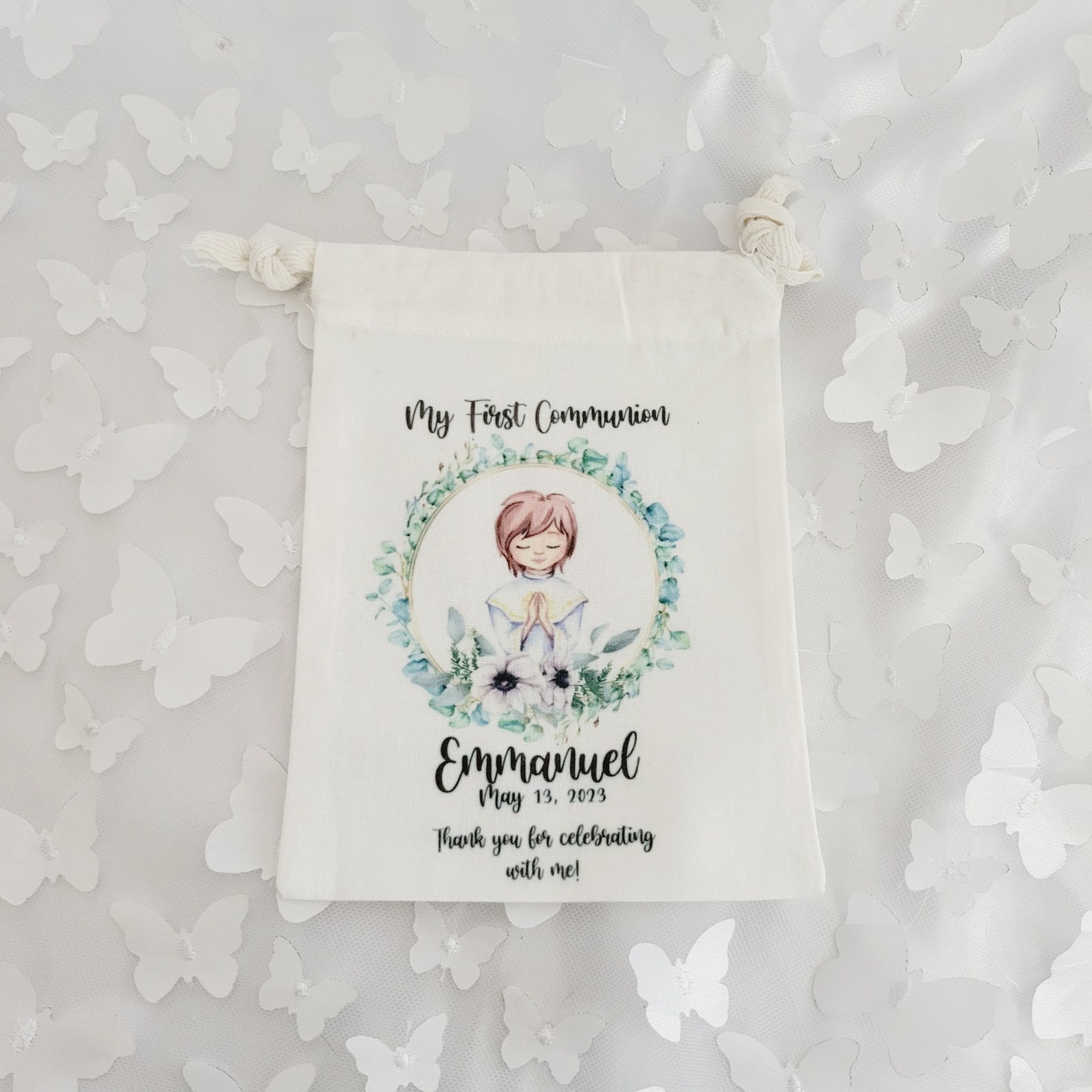 Personalized First Communion Favor Bags: White Muslin Pouch, Set of 12 ...