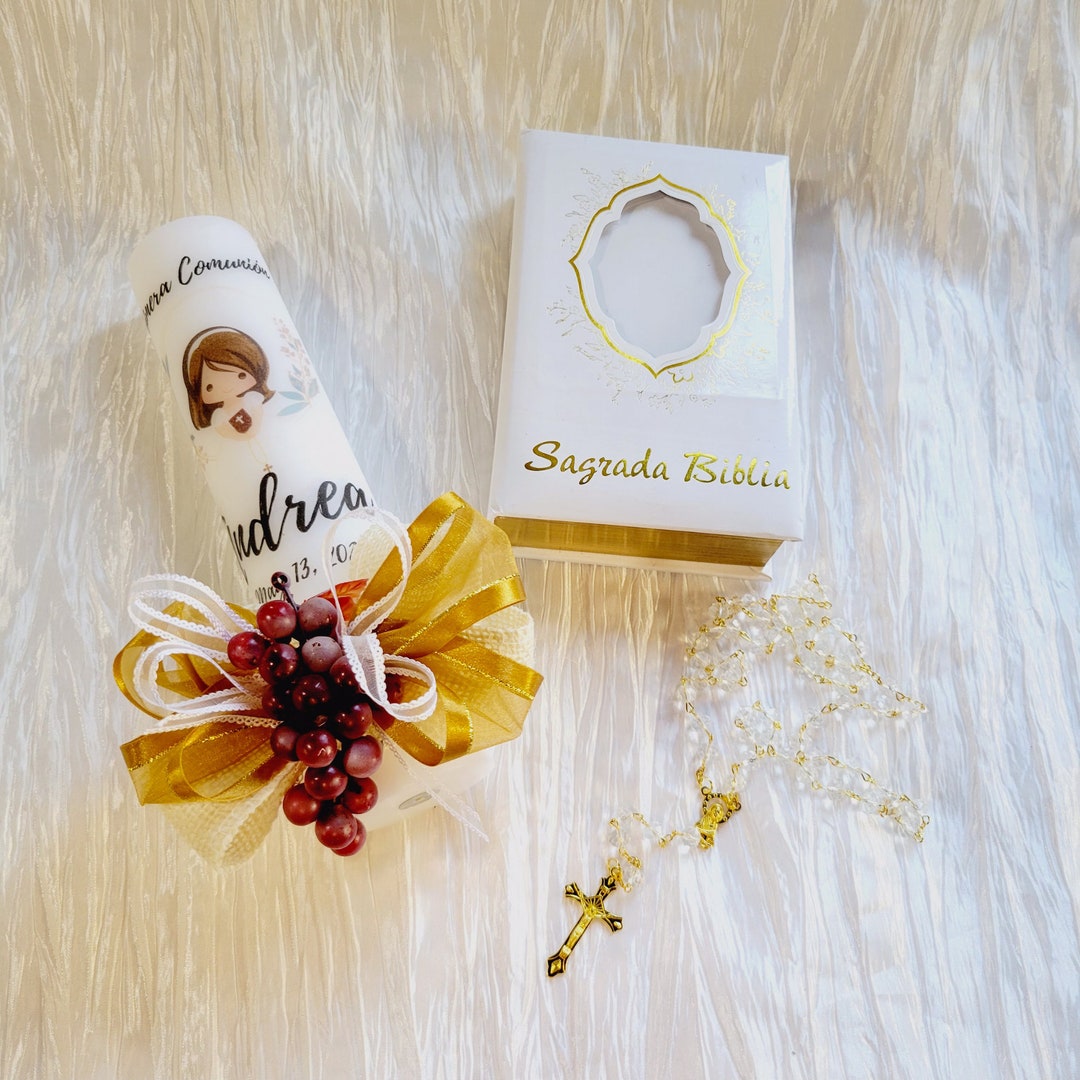 Personalized Communion Candle Set: Rosary & Bible, Handmade First Holy ...