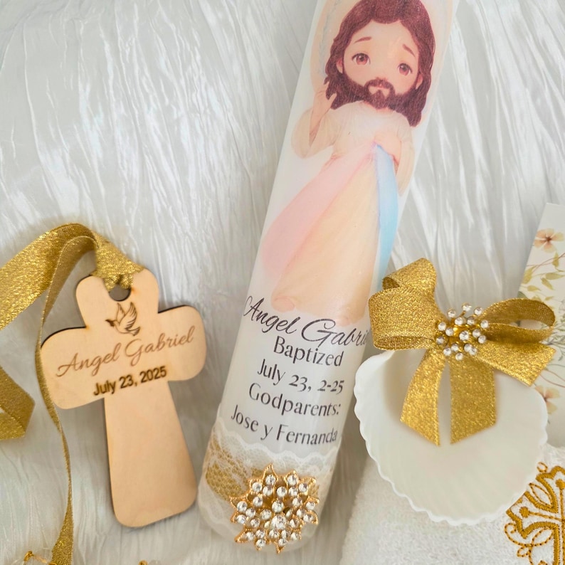 Personalized Baptism Gift Set: Candle, Embroidered Towel, Keepsake ...