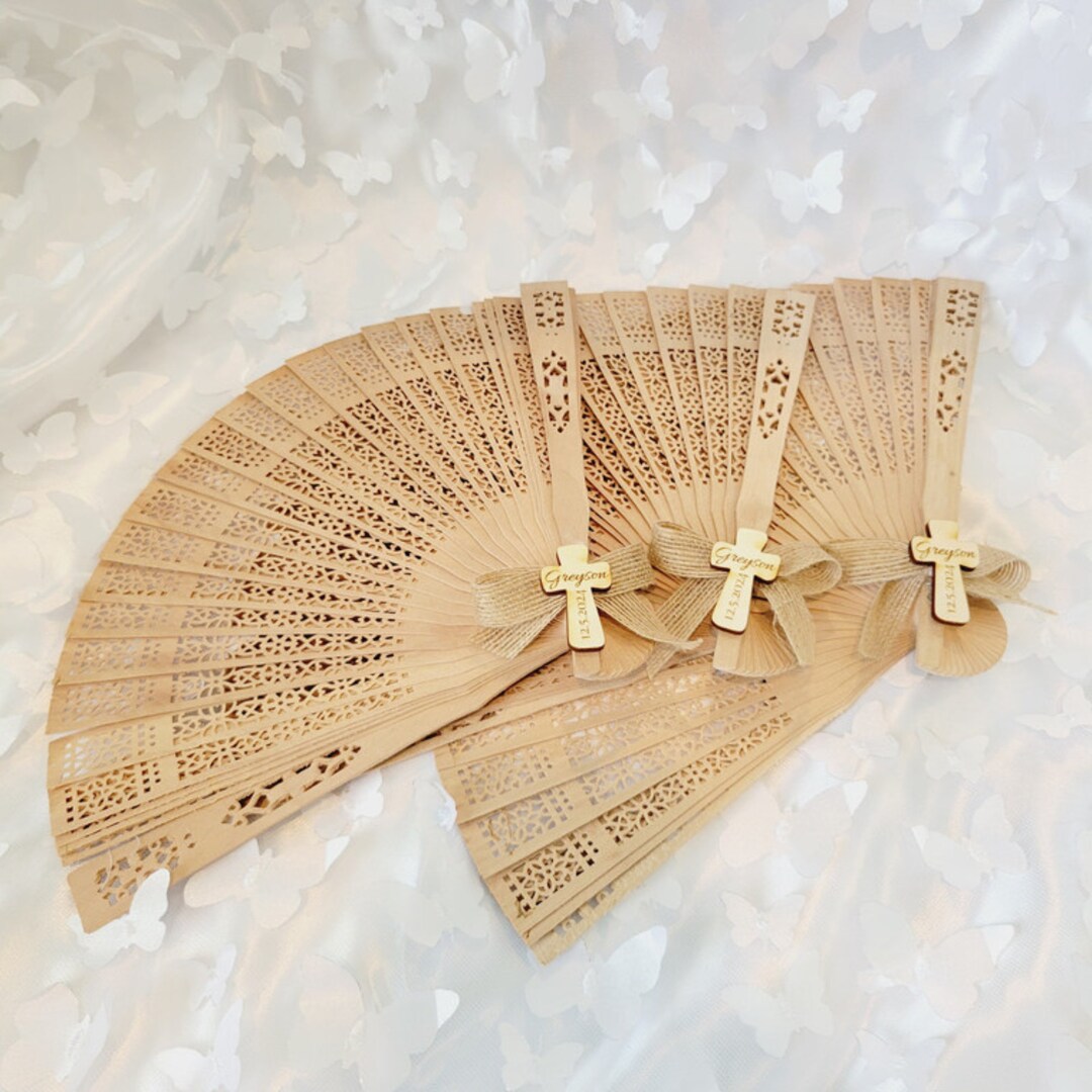 Custom Natural Fan Decorated With Custom Cross,wood Tags,personalized ...