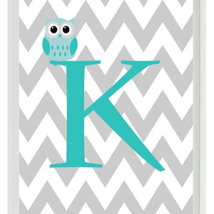 Chevron Initial Letter Art Print Owl Nursery Aqua Gray | Etsy