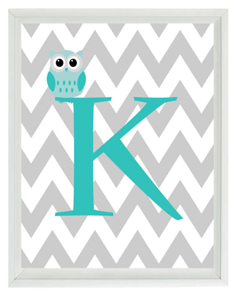 Chevron Initial Letter Art Print Owl Nursery Aqua Gray - Etsy