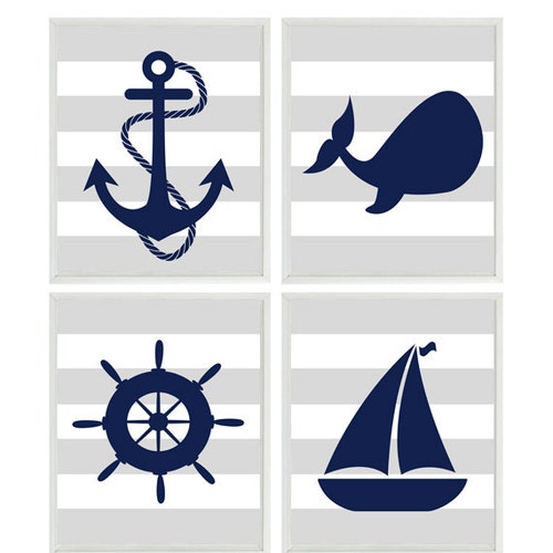 Nautical Wall Art Prints Navy Blue Gray Sailboat Anchor - Etsy