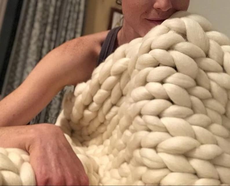 Hand Knit Merino Wool Chunky Blanket: Ivory Giant Knit Throw (50"x 65 ...