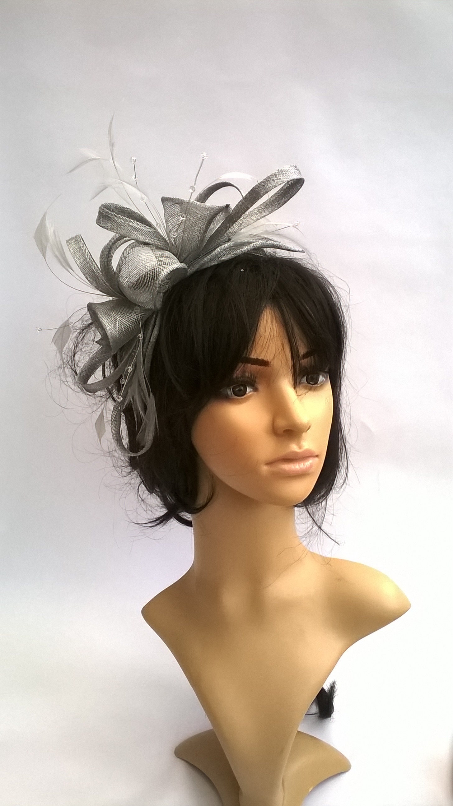 Silver Grey metallic Feather Fascinator..stunning rosette fascinator on ...