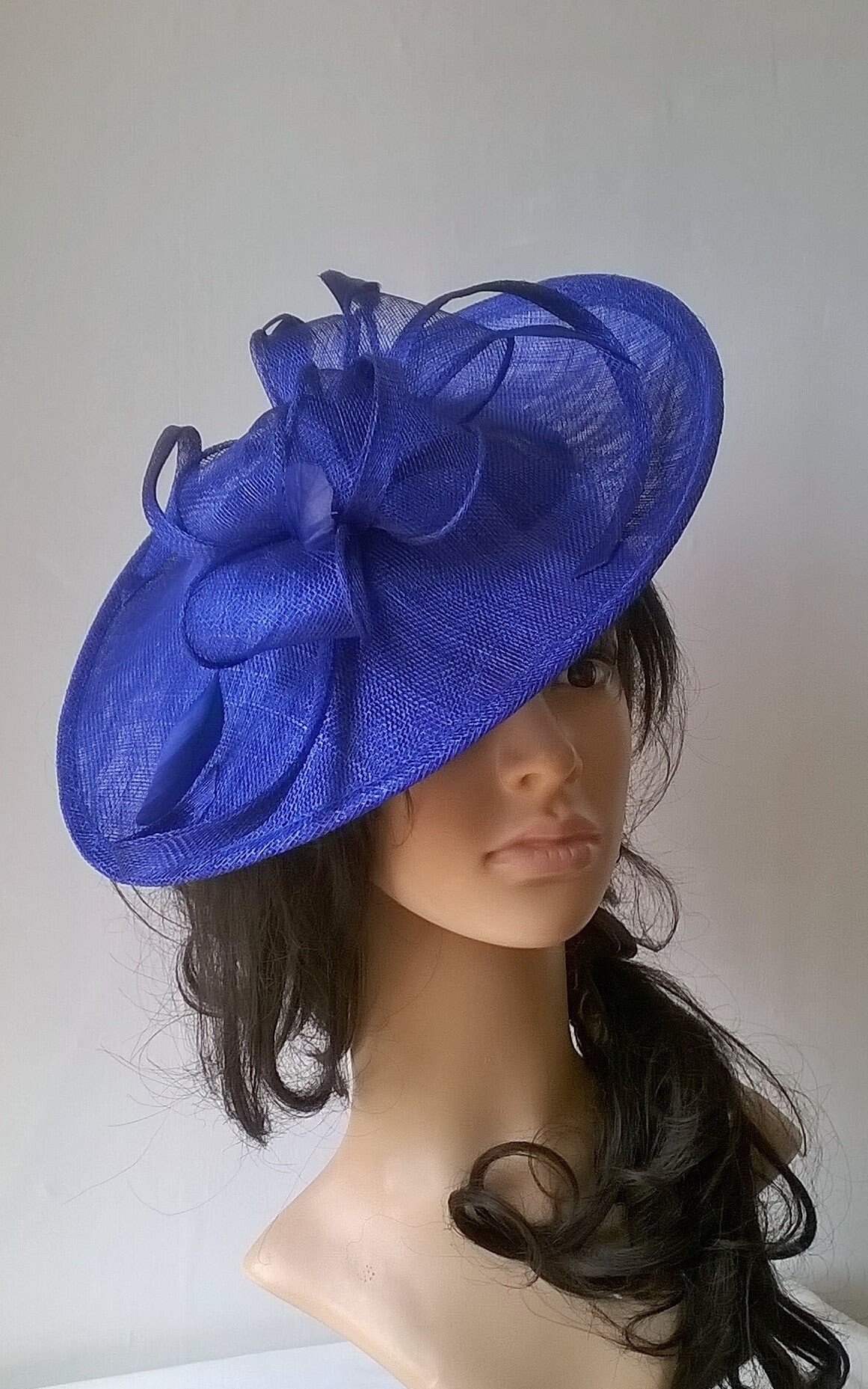 Jessica ..Sapphire Blue Fascinator..Stunning Sinamay and Feather Shaped ...