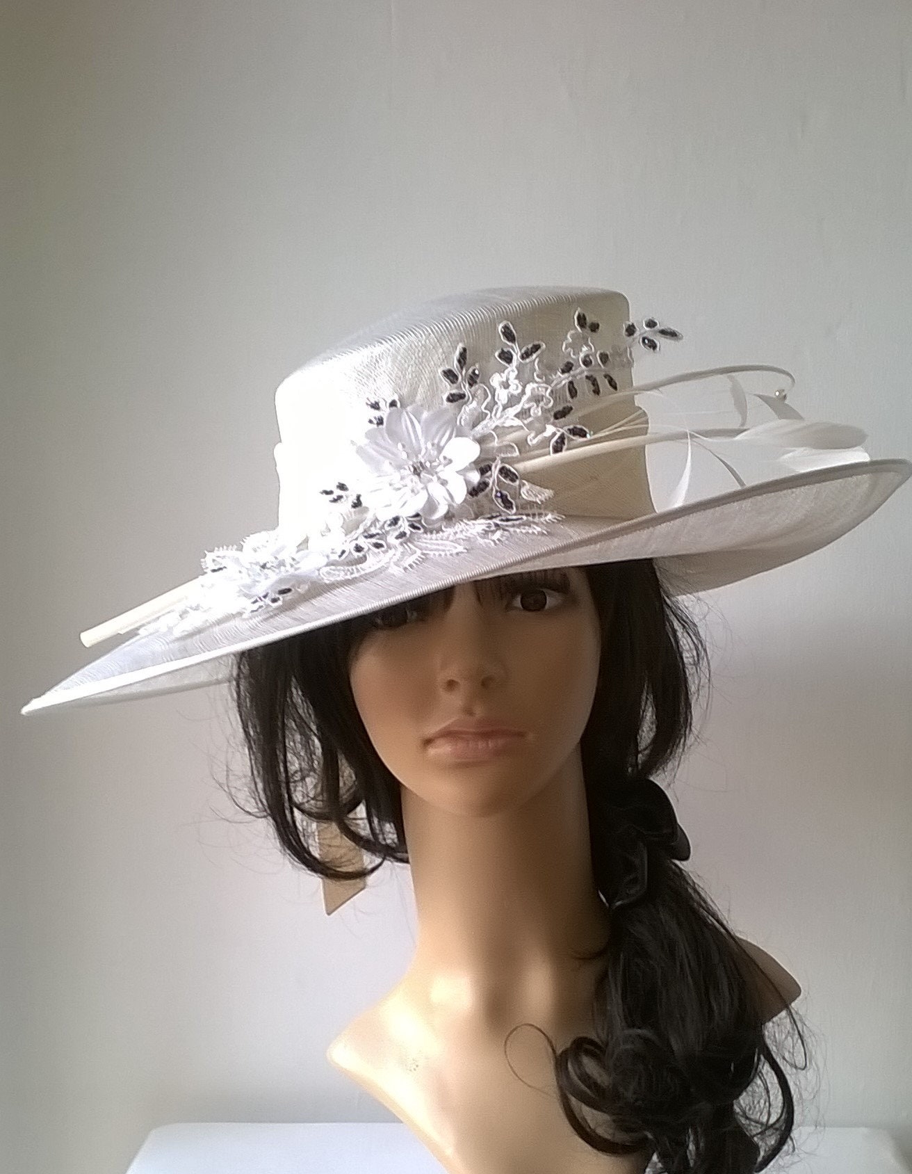 ORDER Stunning statement Hat in pale Ivory with quills ..glitter laced ...