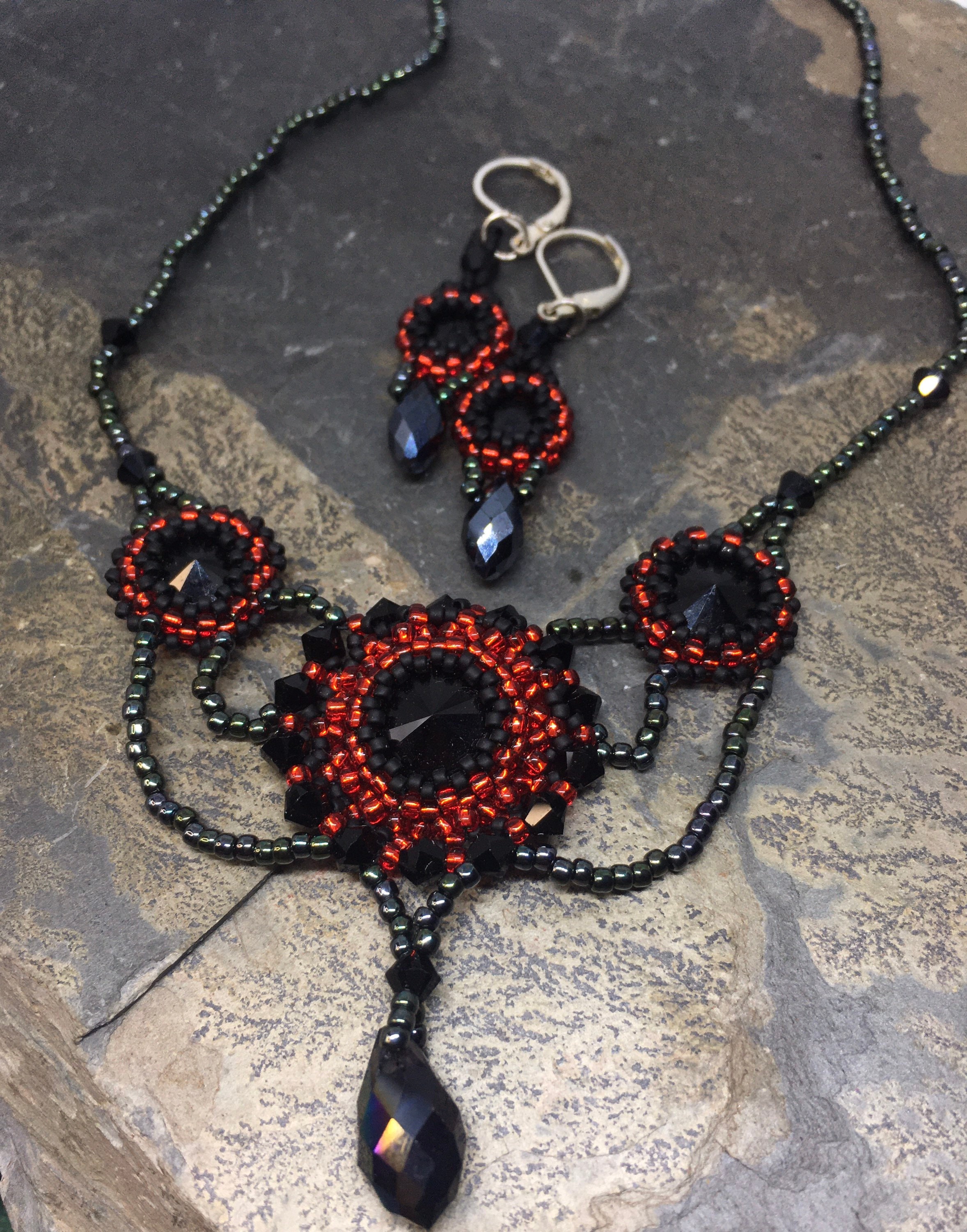 Victorian Style Beaded Necklace and Earring Set: Black Rivoli Crystal ...