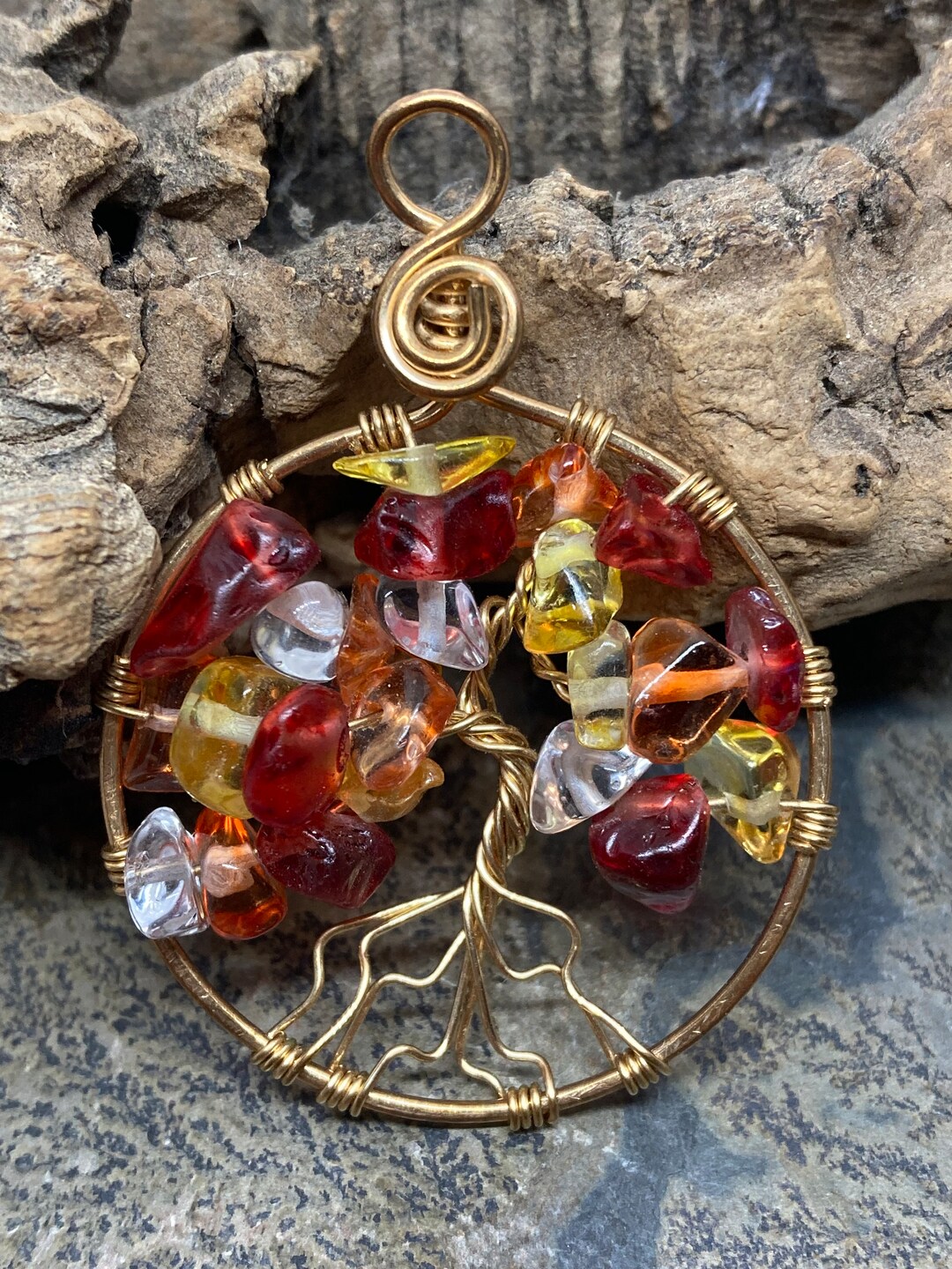 Glass Chip Tree of Life Pendant: Red, Yellow, and Orange Suede Necklace ...