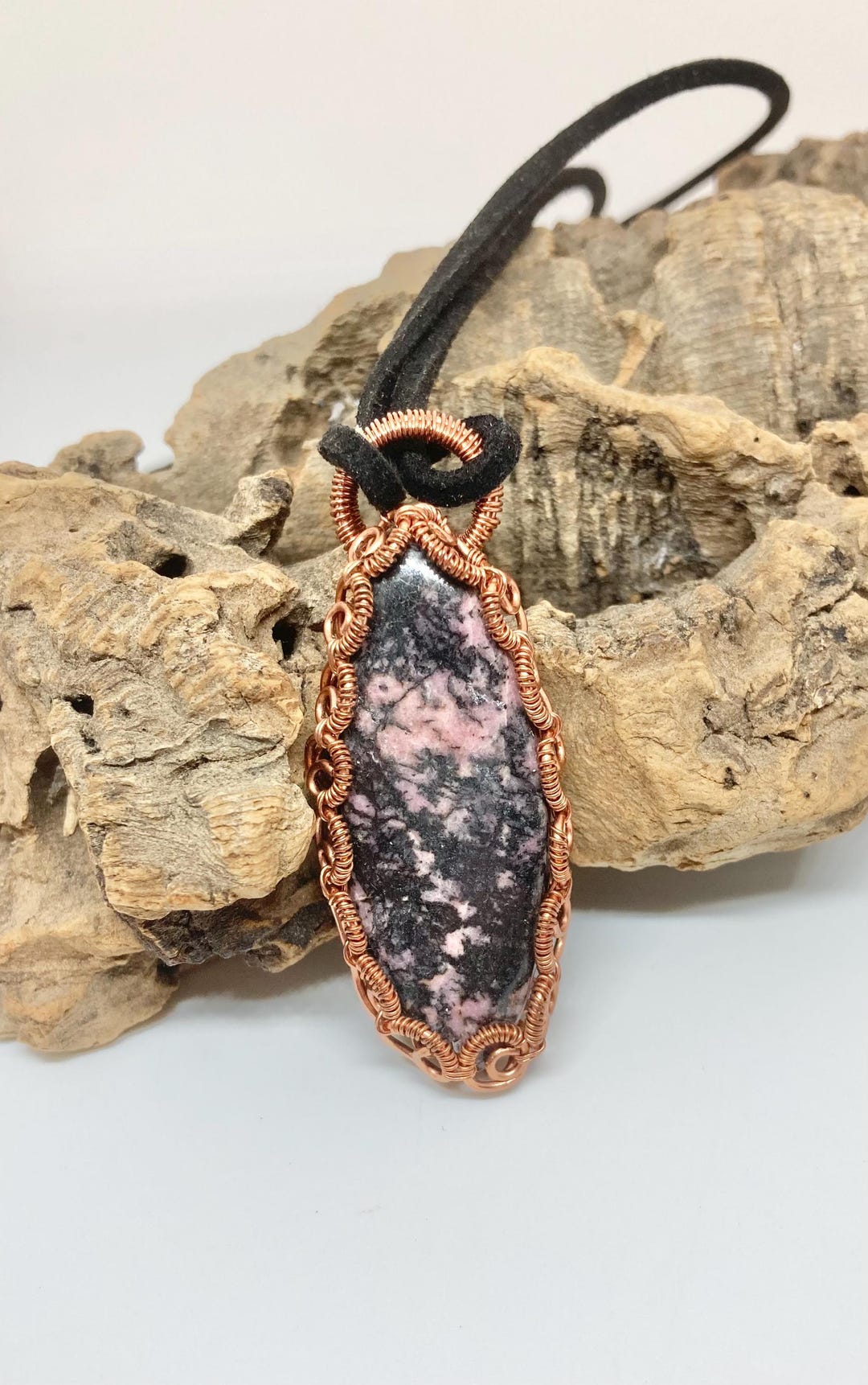 Wire Wrapped Rhodonite Pendant: Bare Copper, Faux Suede Necklace - Etsy