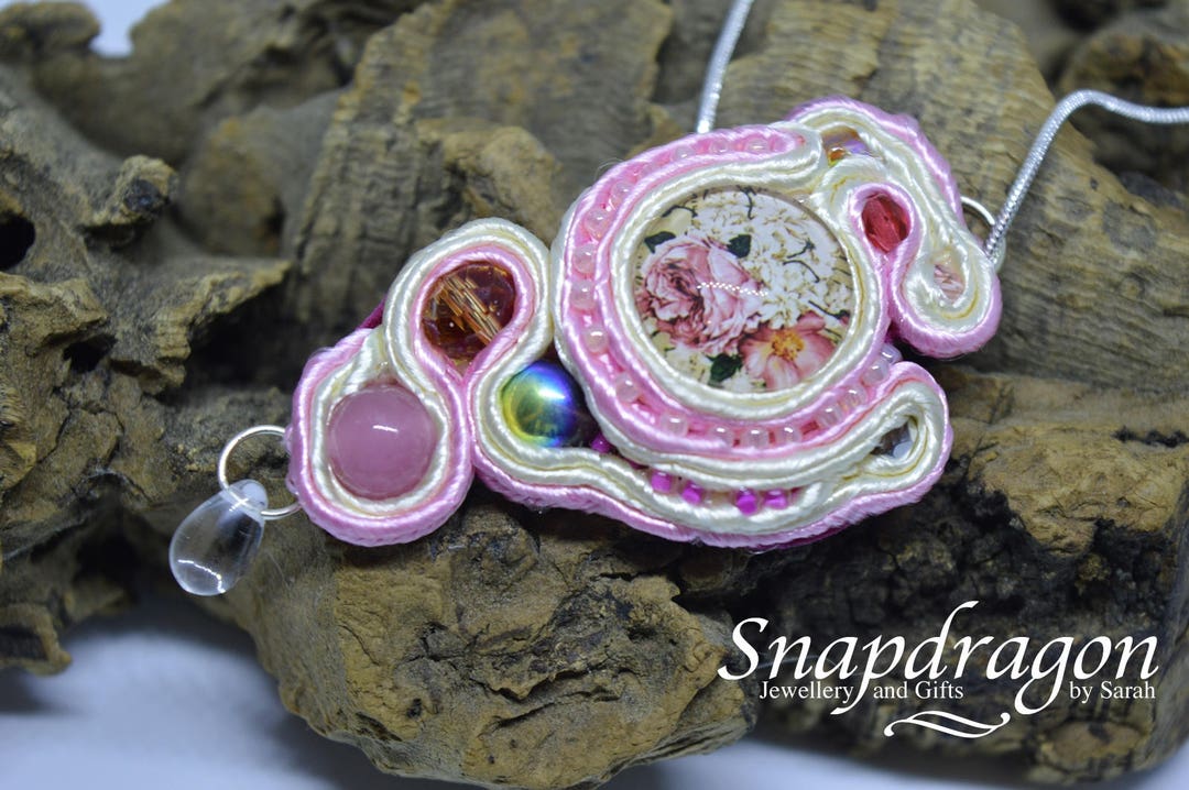 Floral Pendant Pretty in Pink Soutache Pendant Backed With - Etsy New ...