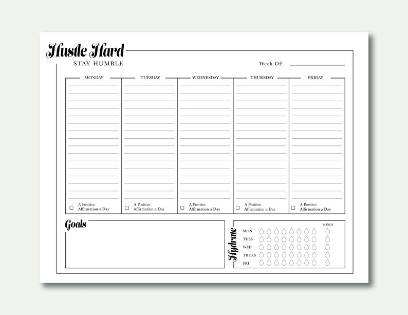 Weekly Planner Printable, Week at a Glance, Work Week, Monday Through ...