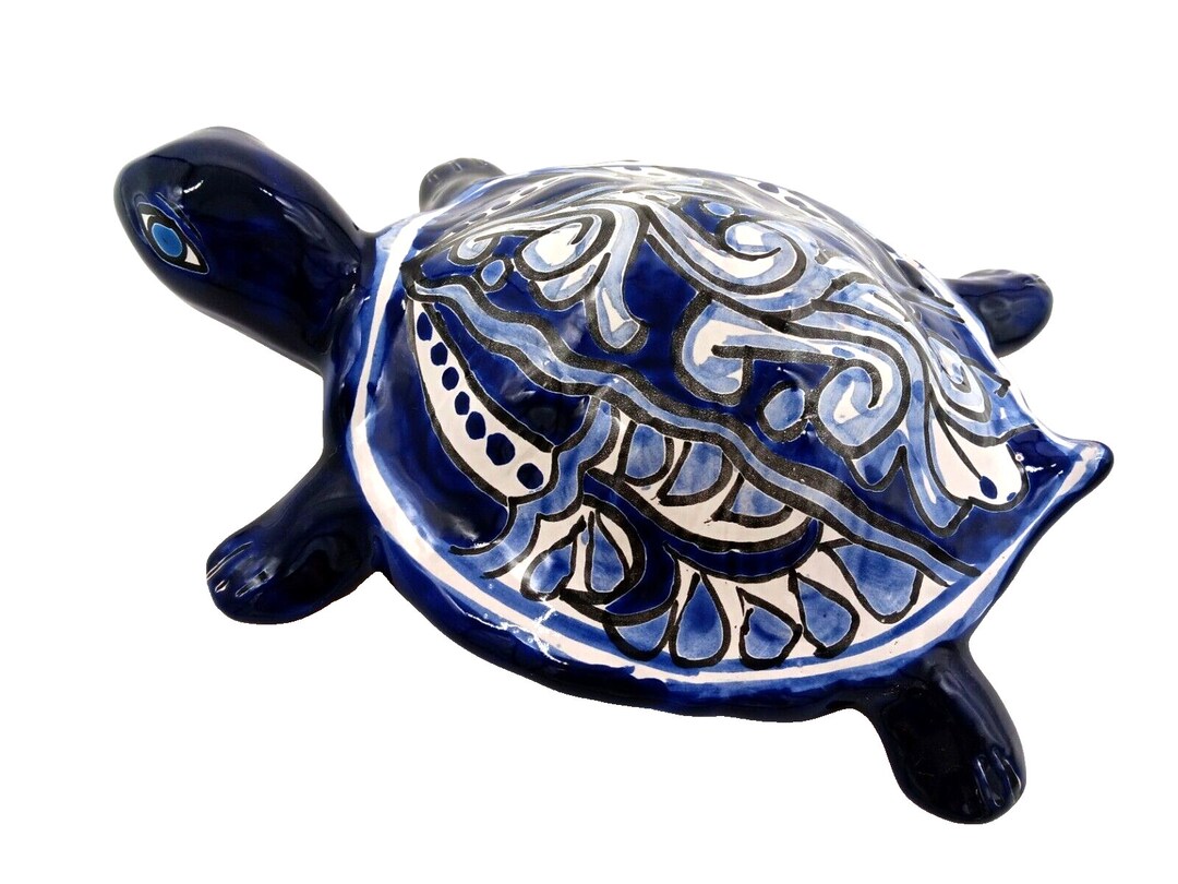 Talavera Pottery Sea Turtle Figure Handmade Ceramic Animal Blue White ...