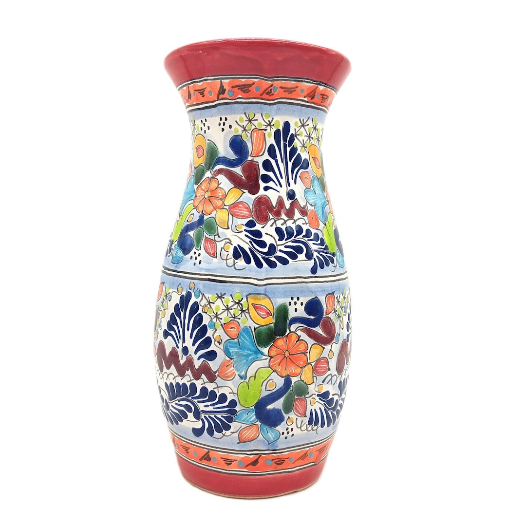 Talavera Pottery Flower Bud Vase Mexican Ceramic Tall Large Puebla Blue ...