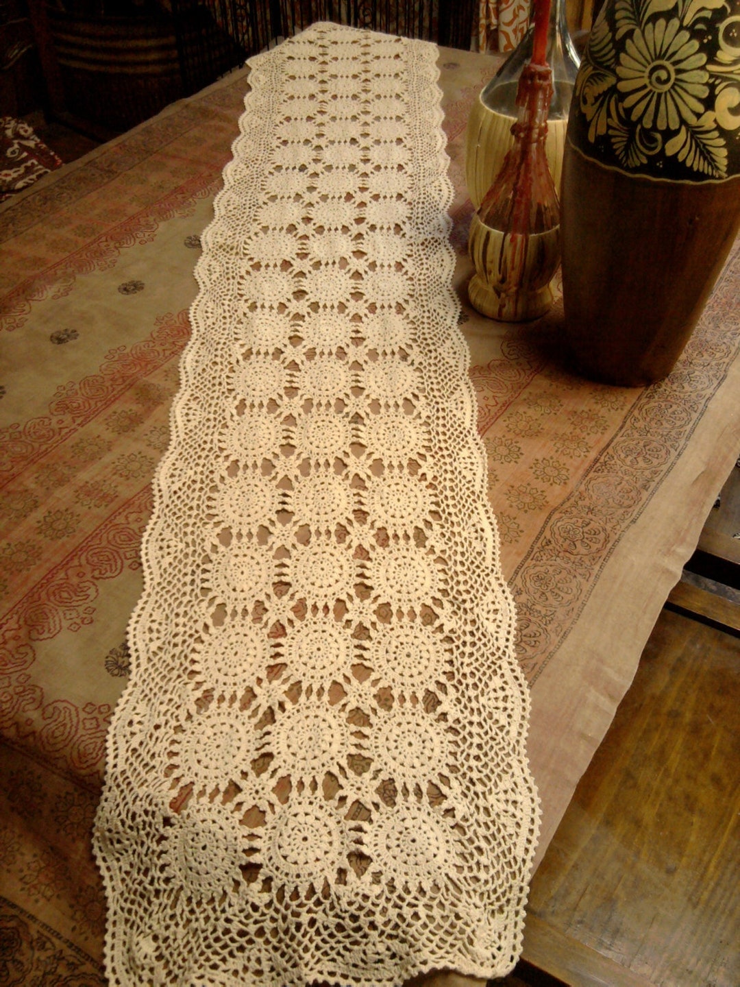 Vintage Crochet Table Runner Handmade Beige Cream Long Rectangle Doily ...