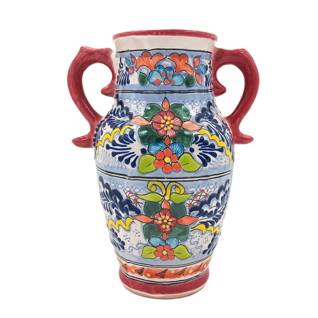 Talavera Pottery Flower Vase Mexican Ceramic Puebla Blue Red Handles ...