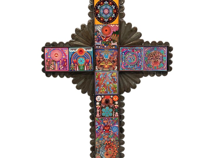 Wall Cross Mexican Huichol Indian Peyote Dream Decoupaged Wood Tile Tin ...